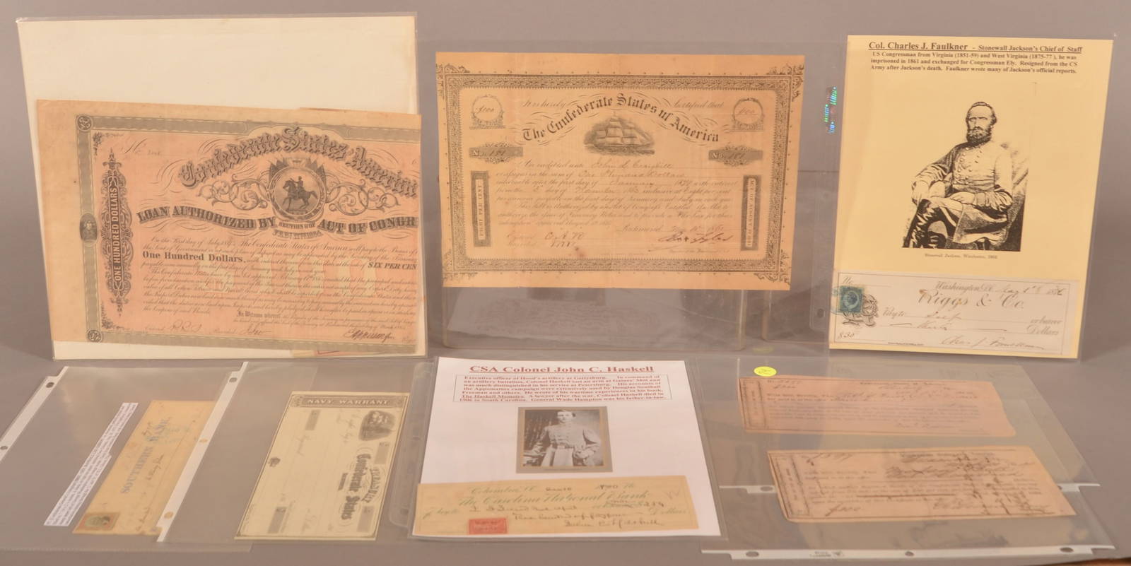 Lot Of 8 Confederate Bonds And Checks Auction