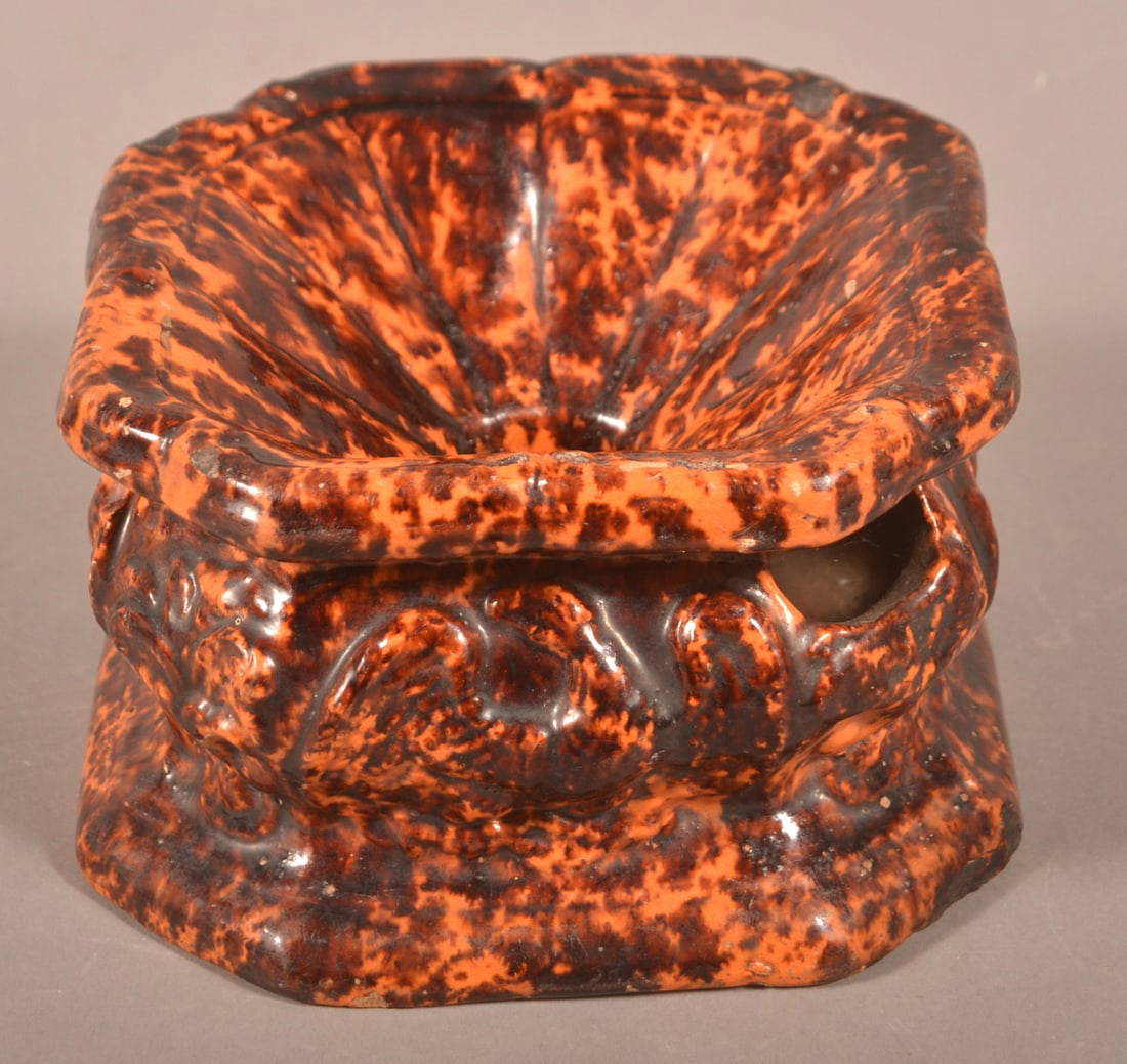 19th C. Mottled Glaze Redware Molded Cuspidor. Auction