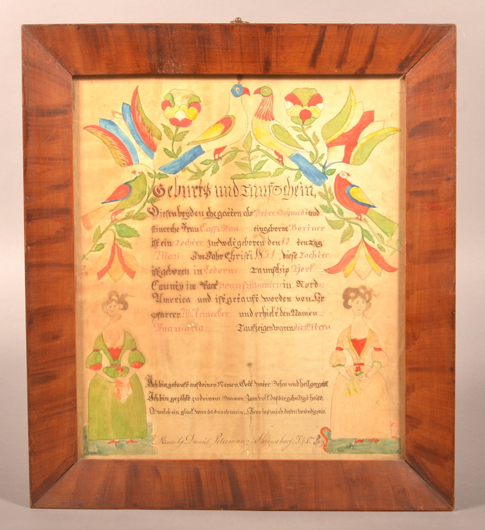 Daniel Peterman 1851 Ink And Watercolor Fraktur. Auction