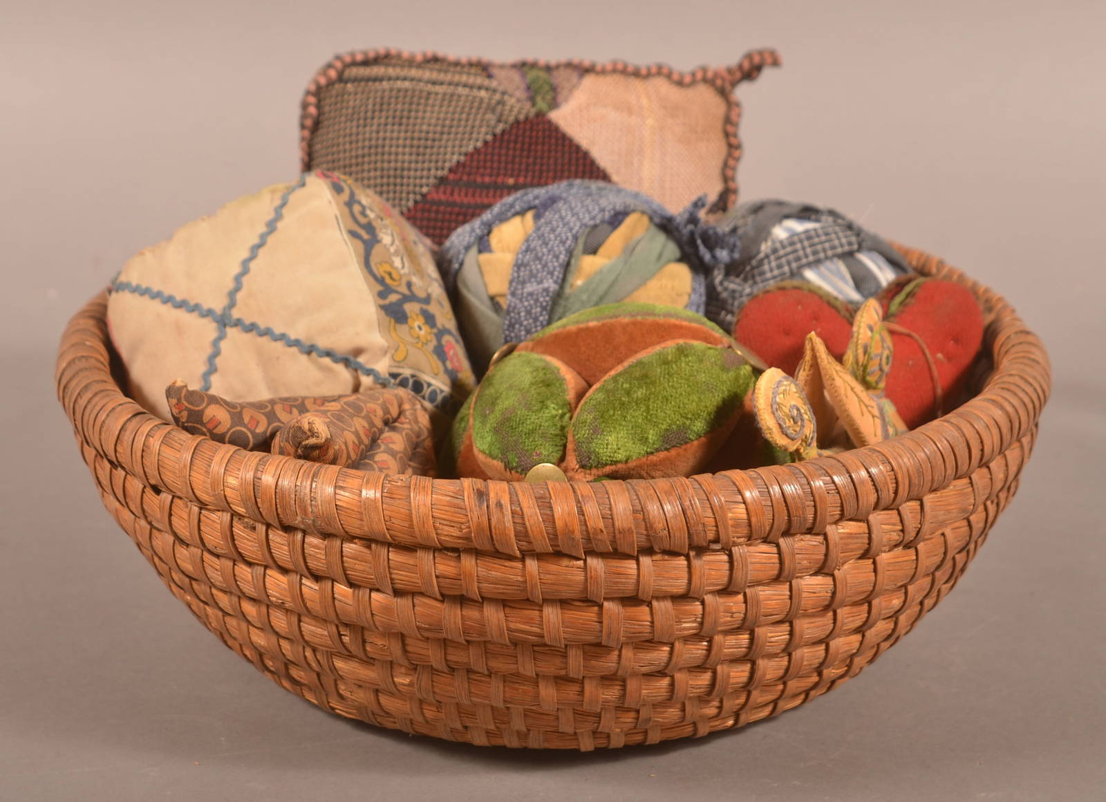 Antique Rye/straw Coil Basket With Sewing Items. Auction