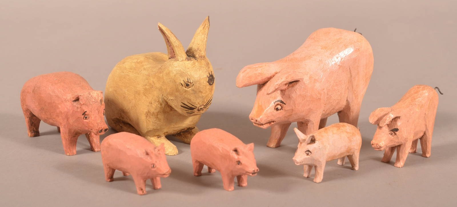 A Farrow Of Pigs And Rabbit Carved By Strawser. Auction