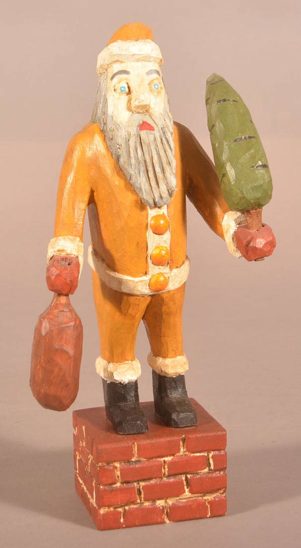 Strawser 2001 Folk Art Santa In Yellow Suit. Auction