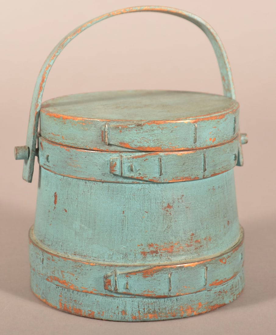 Small Vintage Blue Painted Wood Covered Firkin. Auction