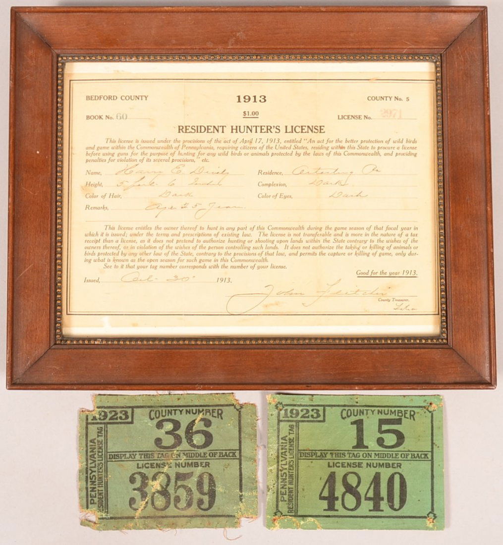 Lot of (3) PA hunting licenses: 1913 County 5 (Bedford)