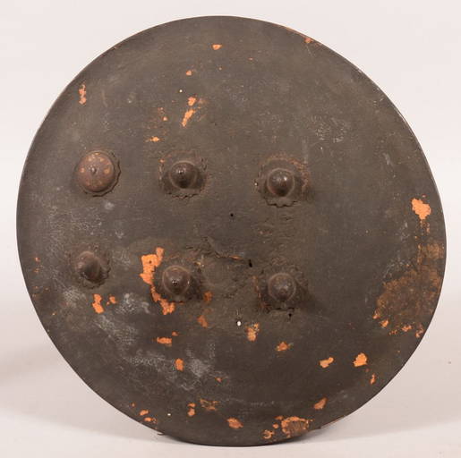 Animal Hide Shield Having (5) Helmet Shaped Tooled Iron