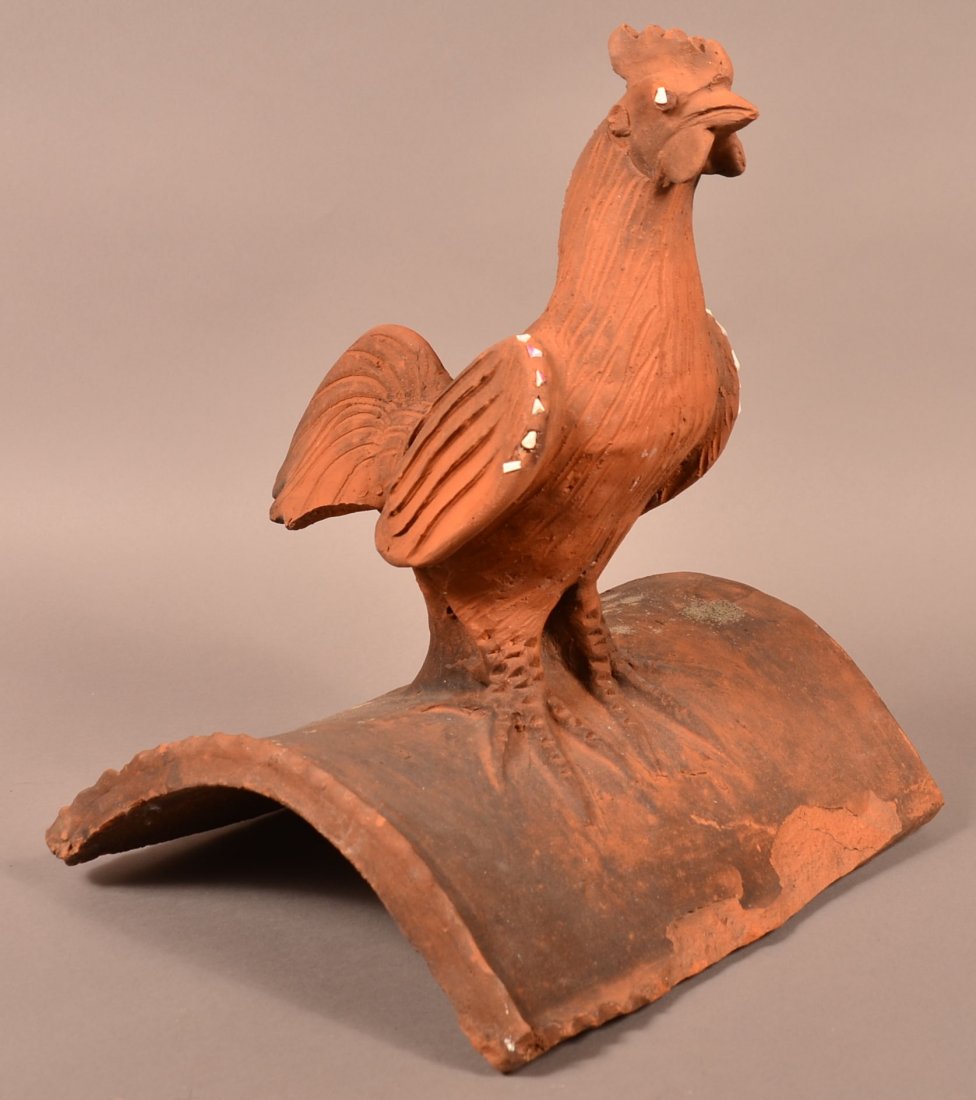 Redware Pottery Rooster Finial Roof Tile.
