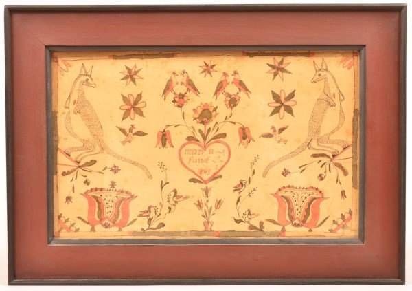 Watercolor and Ink Fraktur Drawing on Paper.