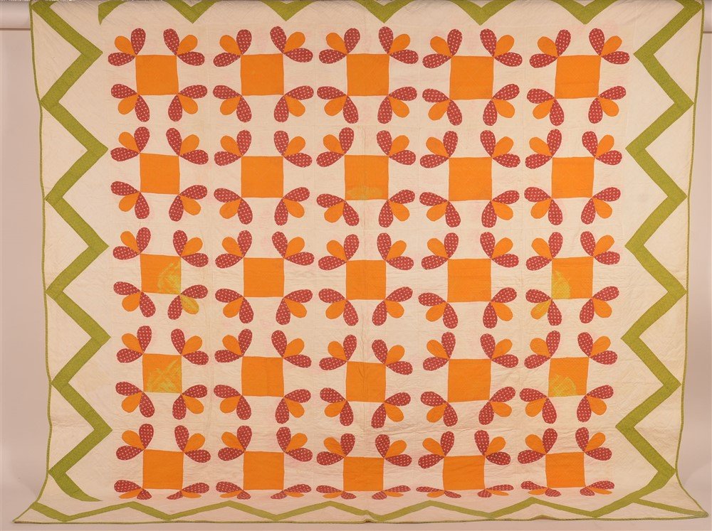 Geometric And Floral Pattern Patchwork Quilt.