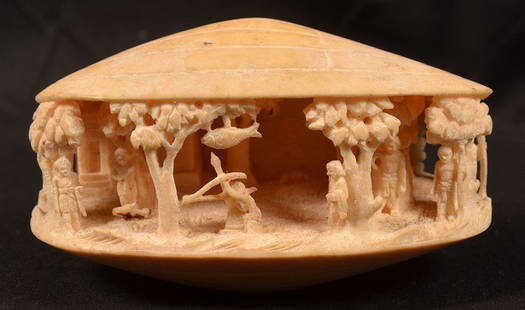Chinese Carved Ivory Clam Shell W/ Miniature Interior S