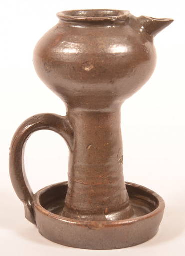 Glazed Redware Pottery Fat Lamp.