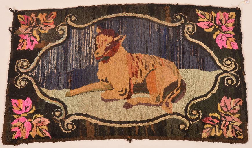 Vintage Amish Hooked Rug With Reclining Lamb.