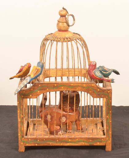T. Strawser Cat In Bird Cage Folk Art Carving.