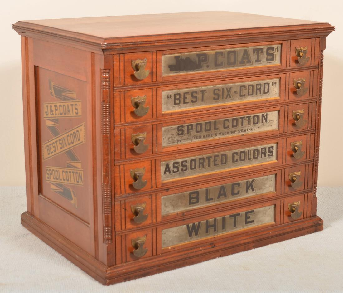 J & P Coats Walnut Six Drawer Spool Cabinet.