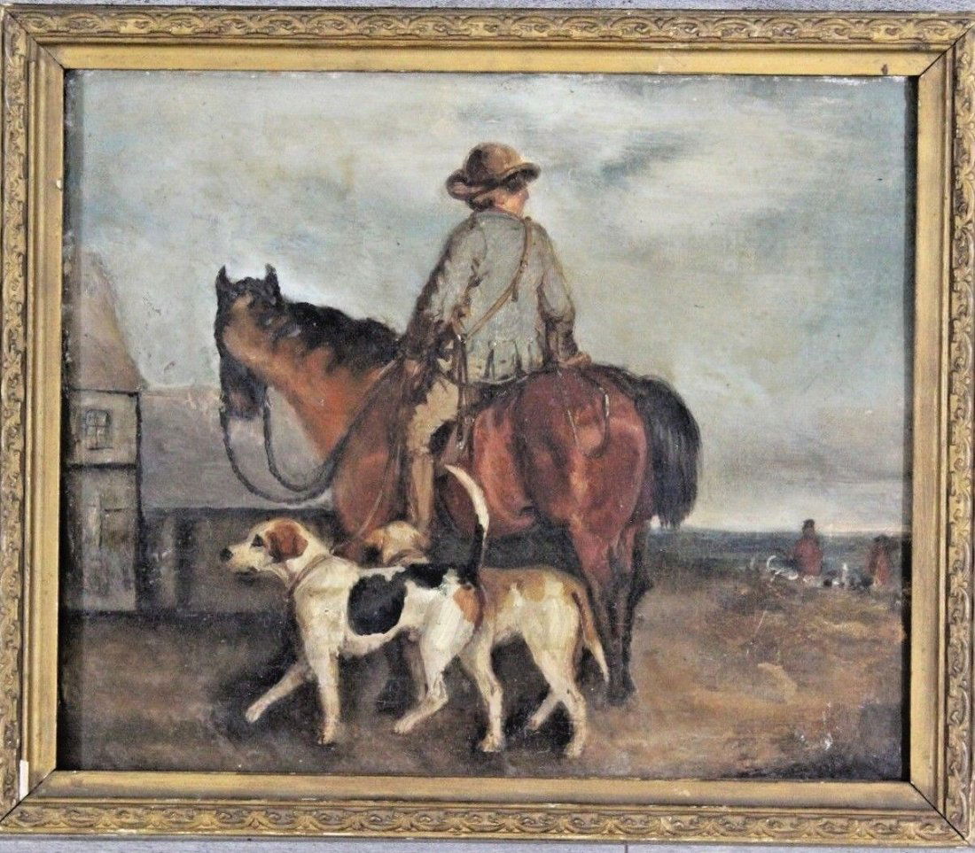 Antique 1800's Horseback & Dogs painting