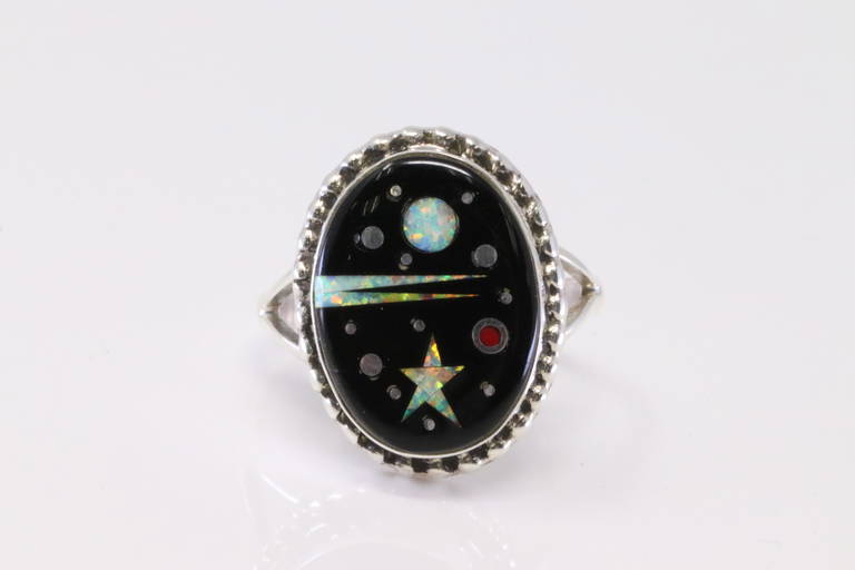 Native America Navajo Handmade Sterling Silver Night Sky Inlay Ring By Matthew Jack.