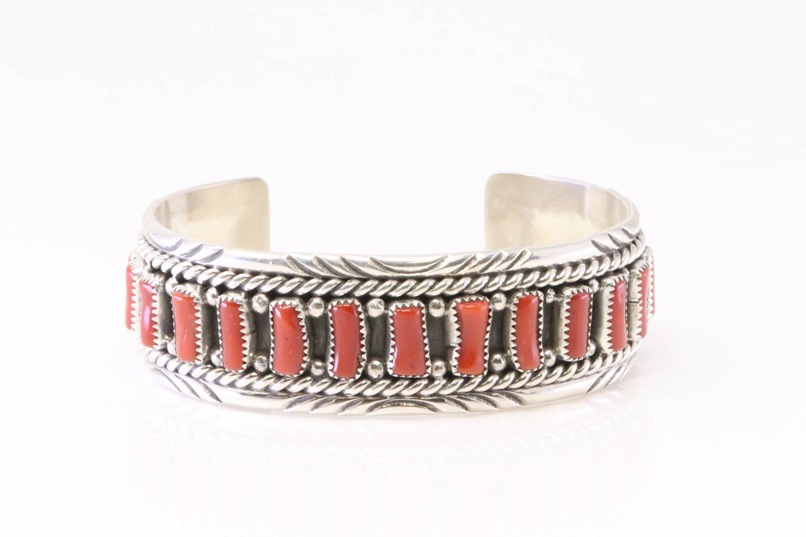 Native America Navajo Sterling Silver Coral Barcelet Cuff By Chester ...