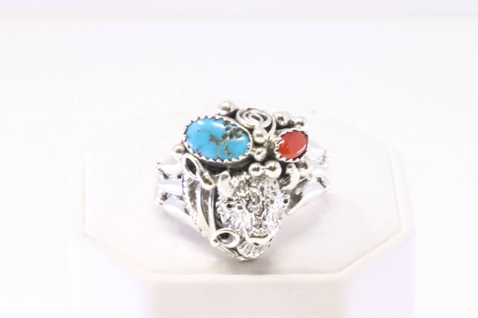 Native America Navajo Sterling Silver Coral & Turquoise Ring By ...
