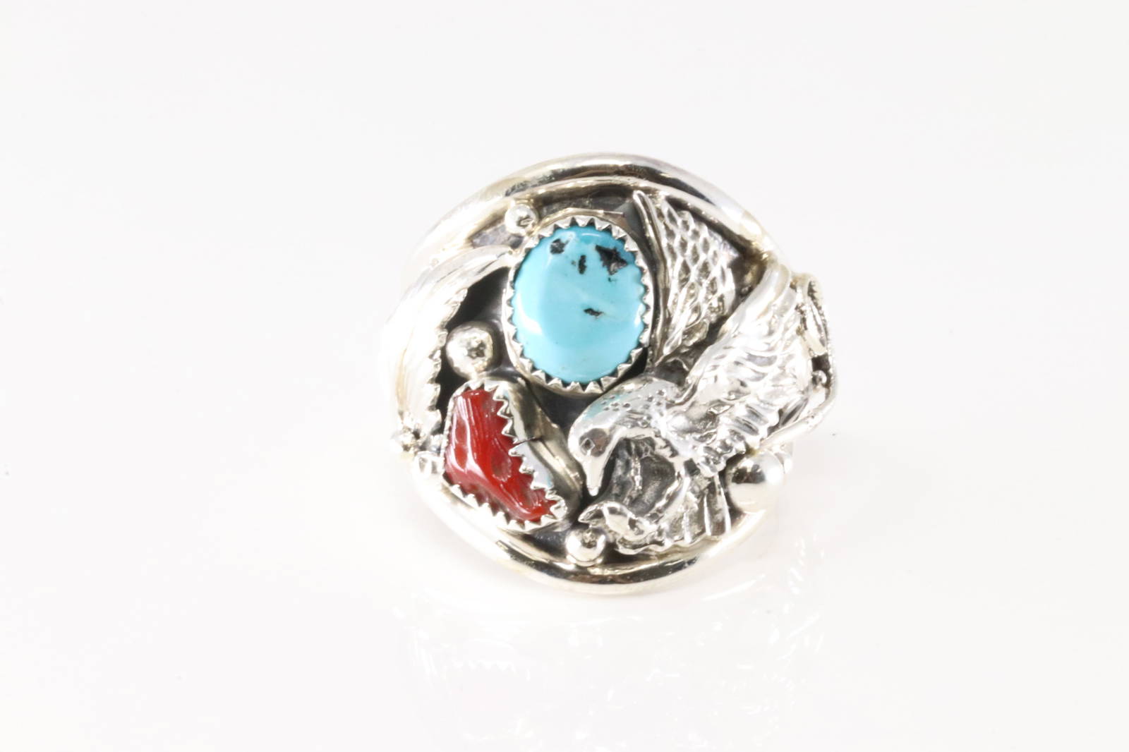 Native America Navajo Sterling Silver Coral & Turquoise Eagle Ring By ...