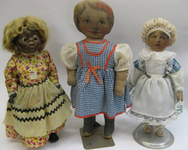 Three Early Hand Made Girl Dolls. Two Are All Clo