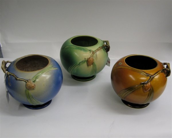 Three Roseville Pottery Bowls In The "pinecone" Pat