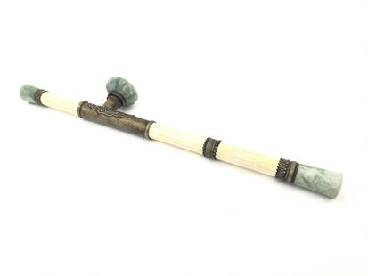 Chinese Sandalwood Smoking Pipe With Bronze Bowl And Jade Lip