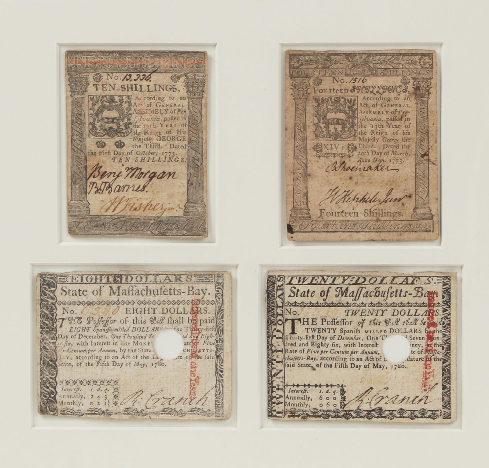 Four New England Colonial Bank Note Bills Auction