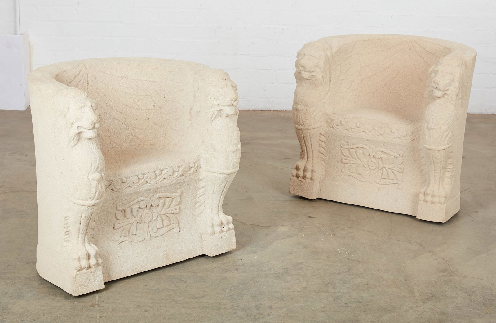 A Pair Of Composition Faux Stone Lion Head Chairs Auction