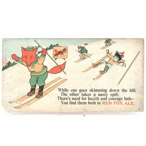Red Fox Ale Skiing Foxes Pre Pro Cardboard Sign Boston