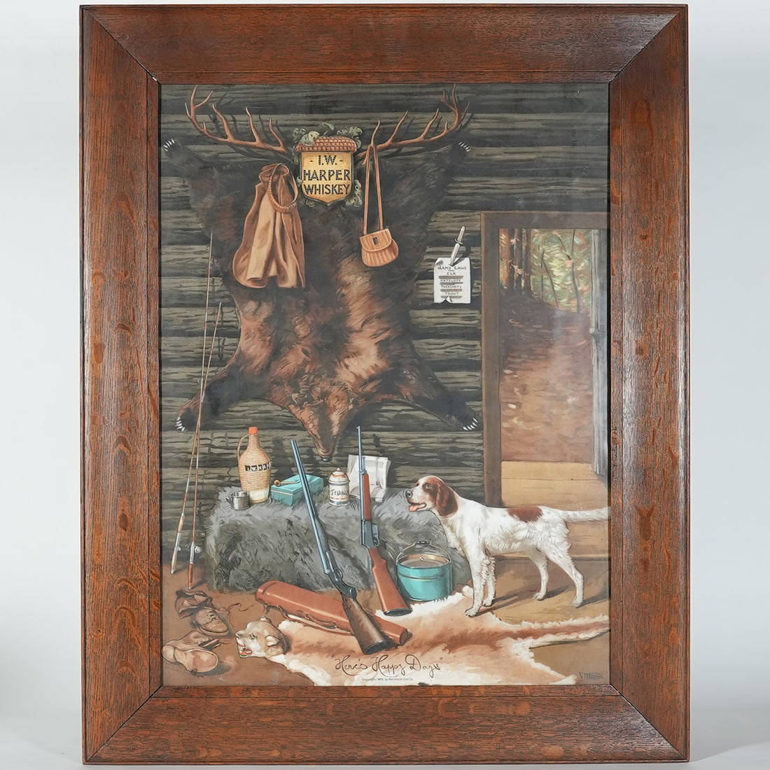I.w. Harper Whiskey Hunting Cabin Scene Meyercord Vitrolite Sign Auction