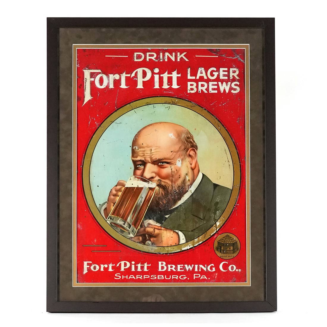 Fort Pitt Lager Brews Embossed Tin Sign Rare Auction