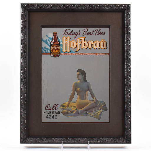 Hofbrau Beer 1940s Mirrored Sign Nude Rare