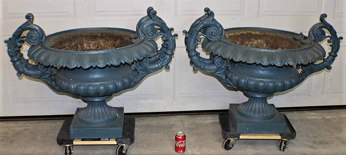 Pair Of Antique Cast Iron Double Handle Urns