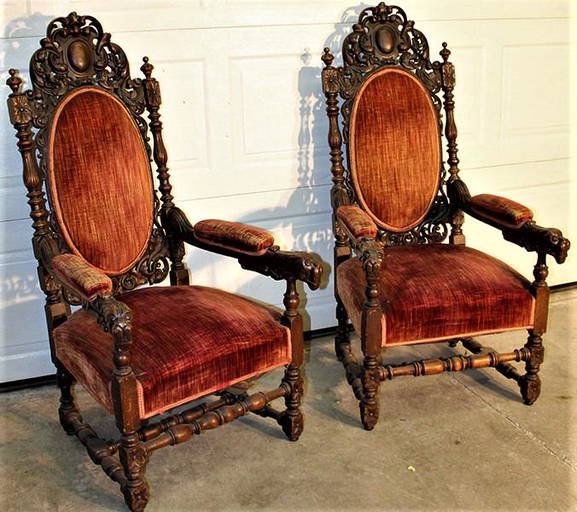 Pair Of Heavily Carved Oak Kings Chairs With Dolphins