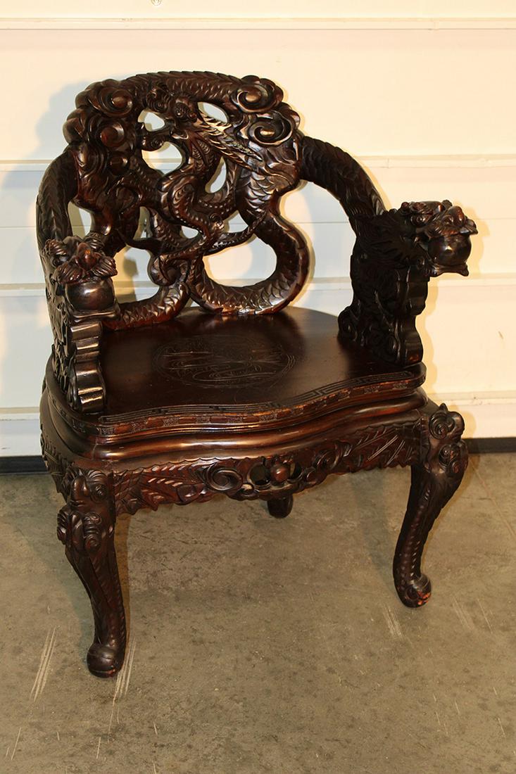 Antique Oriental Chair With Dragon Arms And Back