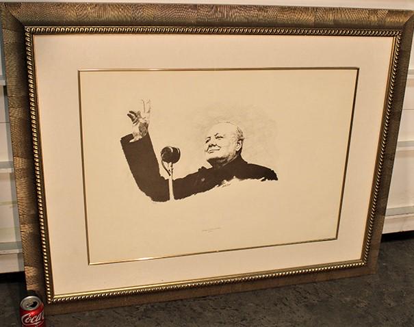 Large Litho Of Winston Churchill Hand Signed By His Daughter