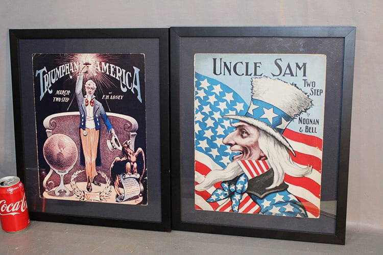2 Antique Uncle Sam Song Books. Nicely Framed, Estate Fresh. Appr ...