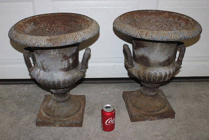 Pair Of Antique Cast Iron Double Handle Urns