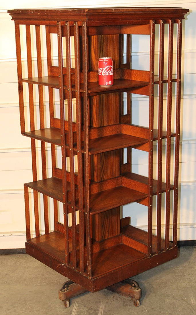 Large 52" Signed Danner Oak Revolving Bookcase Auction