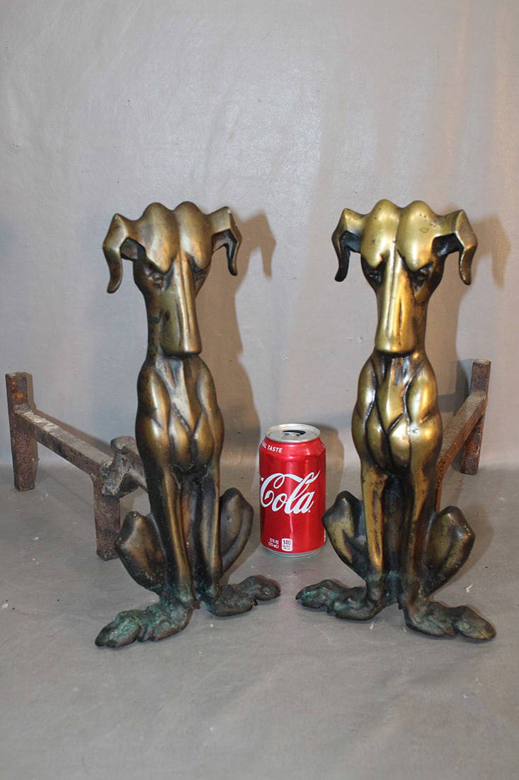 Pair Of Antique Solid Brass Art Deco Dog Andirons Auction