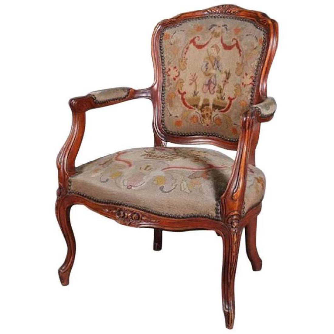 Antique French Louis Xv Carved Fruitwood Tapestry Chair