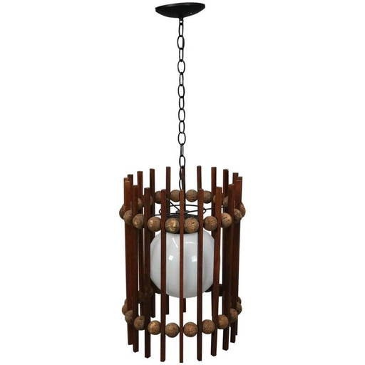 Mid Century Modern Teak And Cork Ball And Slat Cylinder