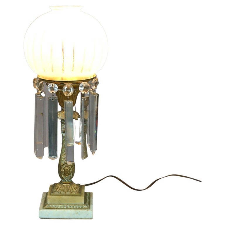 Antique Brass, Crystal & Marble Solar Astral Lamp With Shade, Circa ...