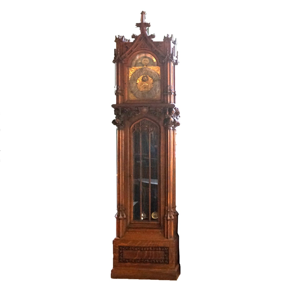 Large 105" Gothic Revival Figural Monk Carved Oak Tall Case Grandfather ...