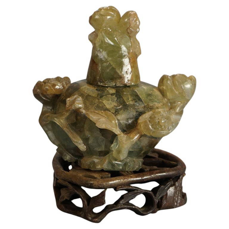Antique Chinese Carved Jadeite Jar With Floral Grouping On Hardwood ...