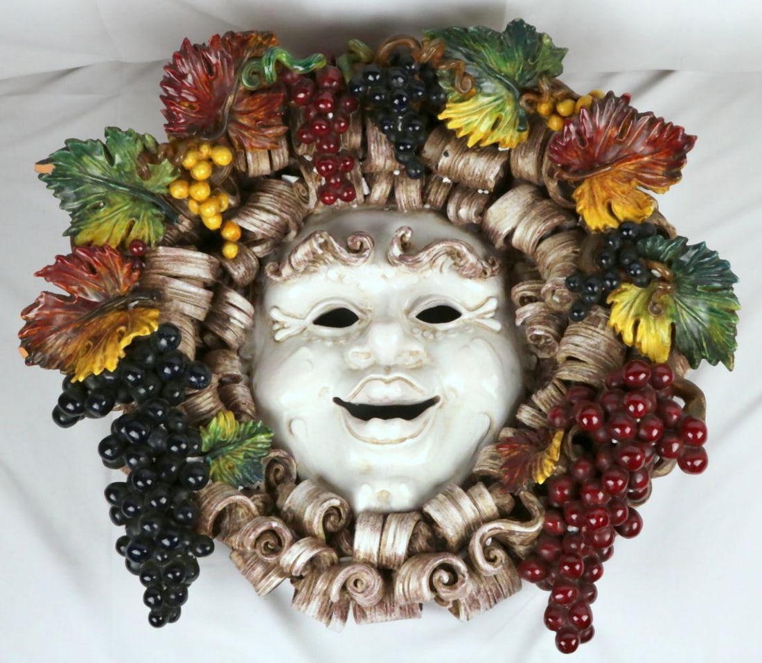 Massive Italian "bacchus" Mask Majolica Wall Sculpture Auction