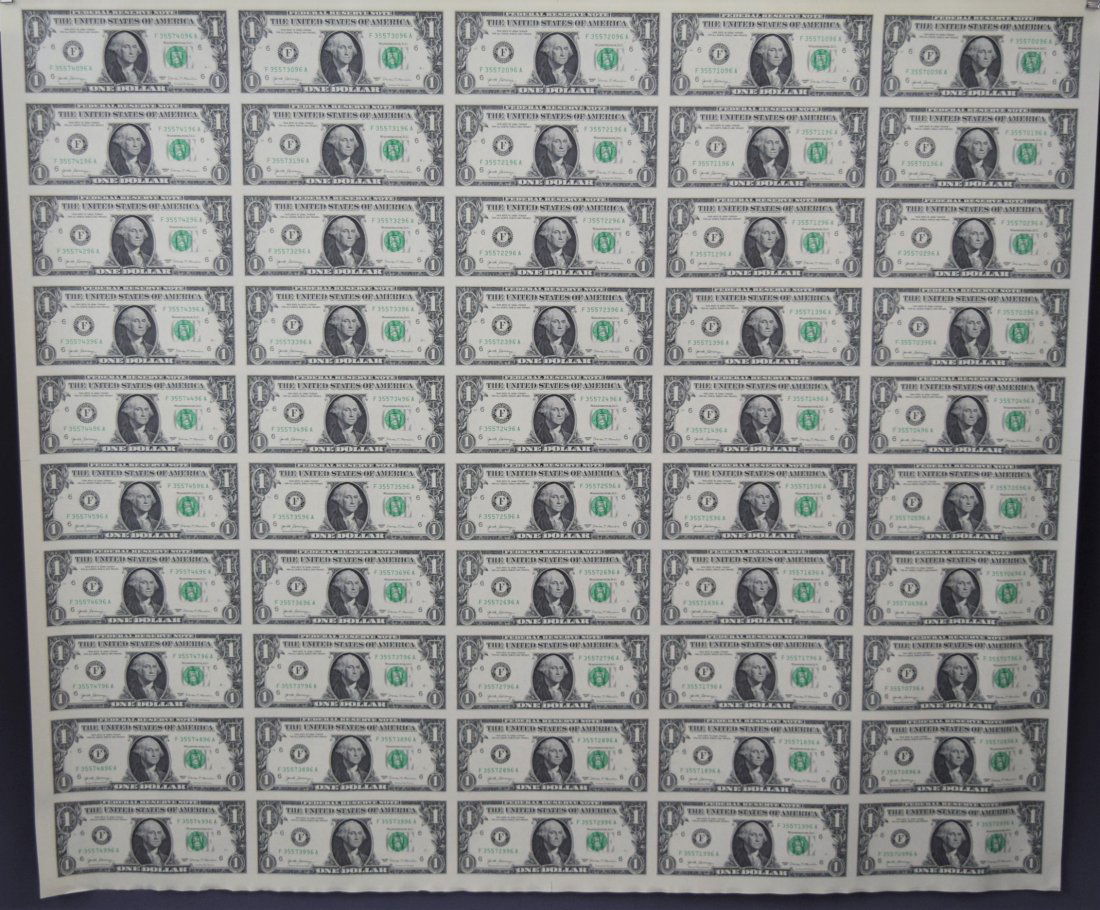 Uncut Dollar Bill Paper Currency Sheet