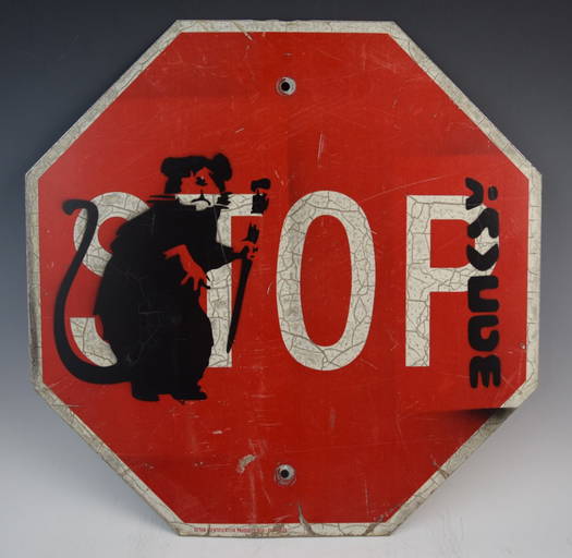 Banksy Spray Paint Graffiti Rat Stop Sign