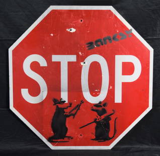 Banksy Spray Paint Graffiti Rat Stop Sign