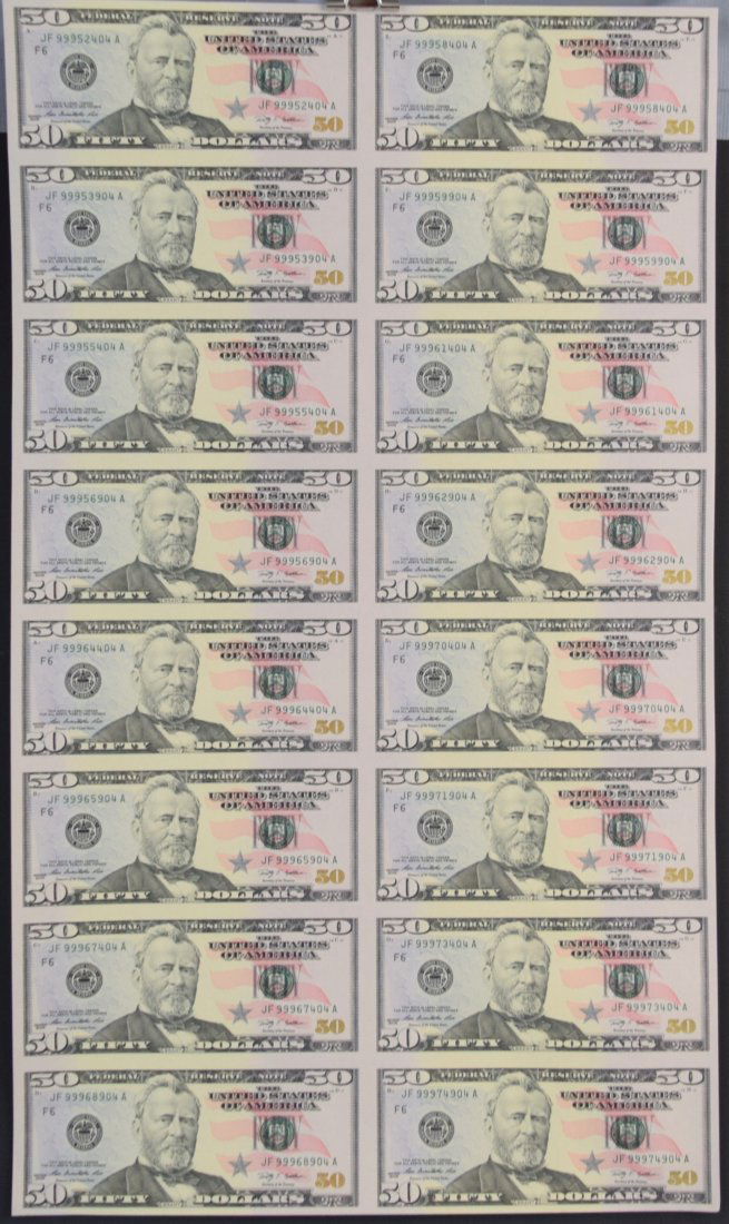 Uncut Fifty Dollar Bill Paper Currency Sheet - Jan 18, 2020 | Black ...