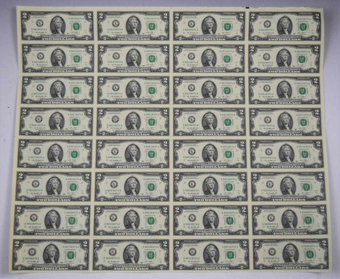 Uncut Two Dollar Bill Paper Currency Sheet - Aug 22, 2020 | Black River ...